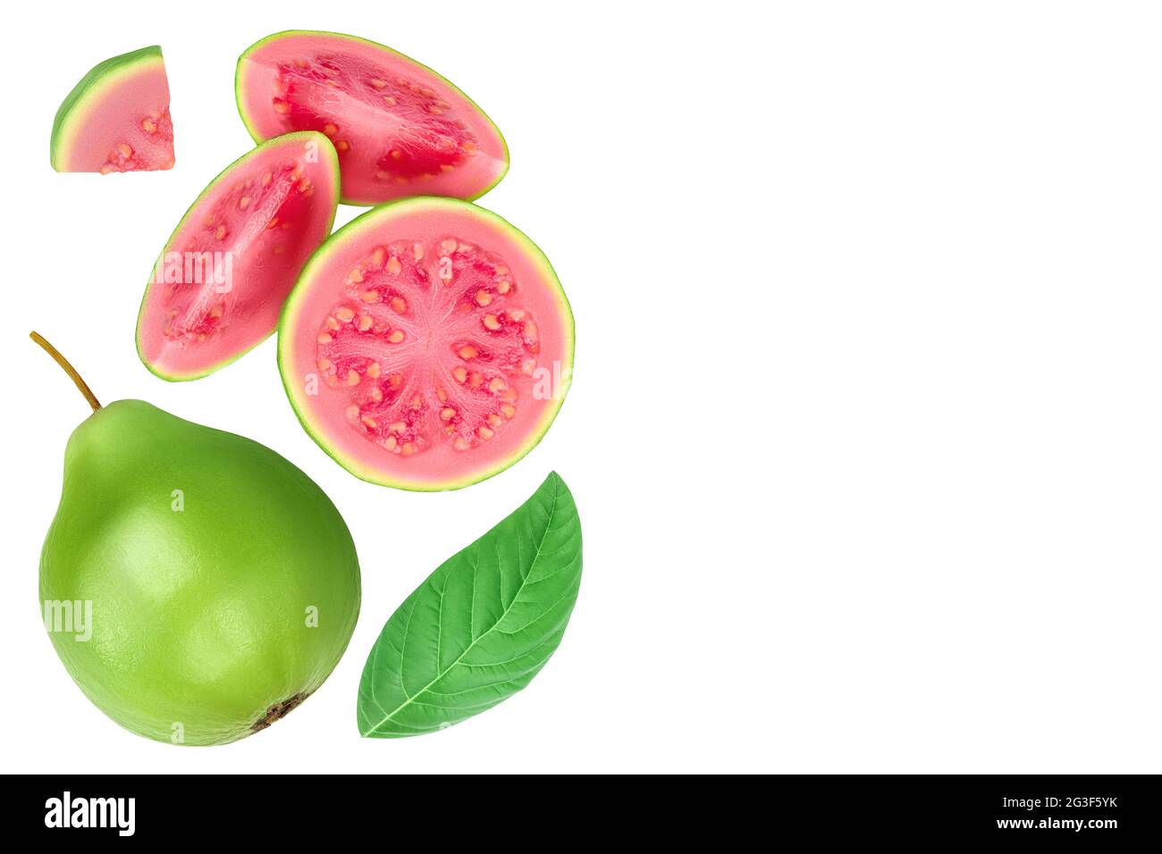 Guava fruit with slices isolated on white background. Top view with ...