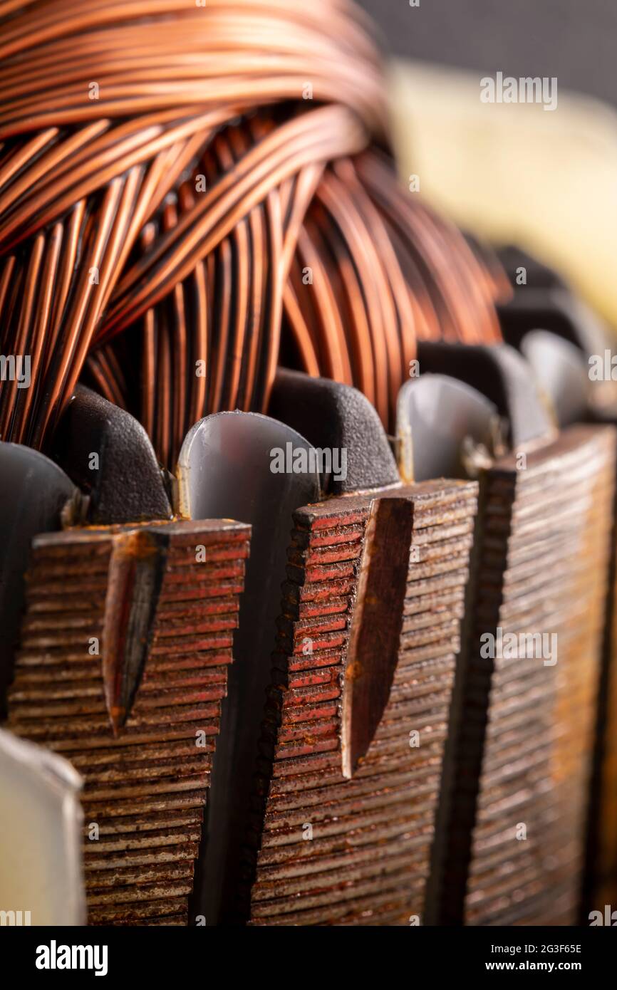 Rotor of an electric motor close up. Copper motor windings Stock Photo ...