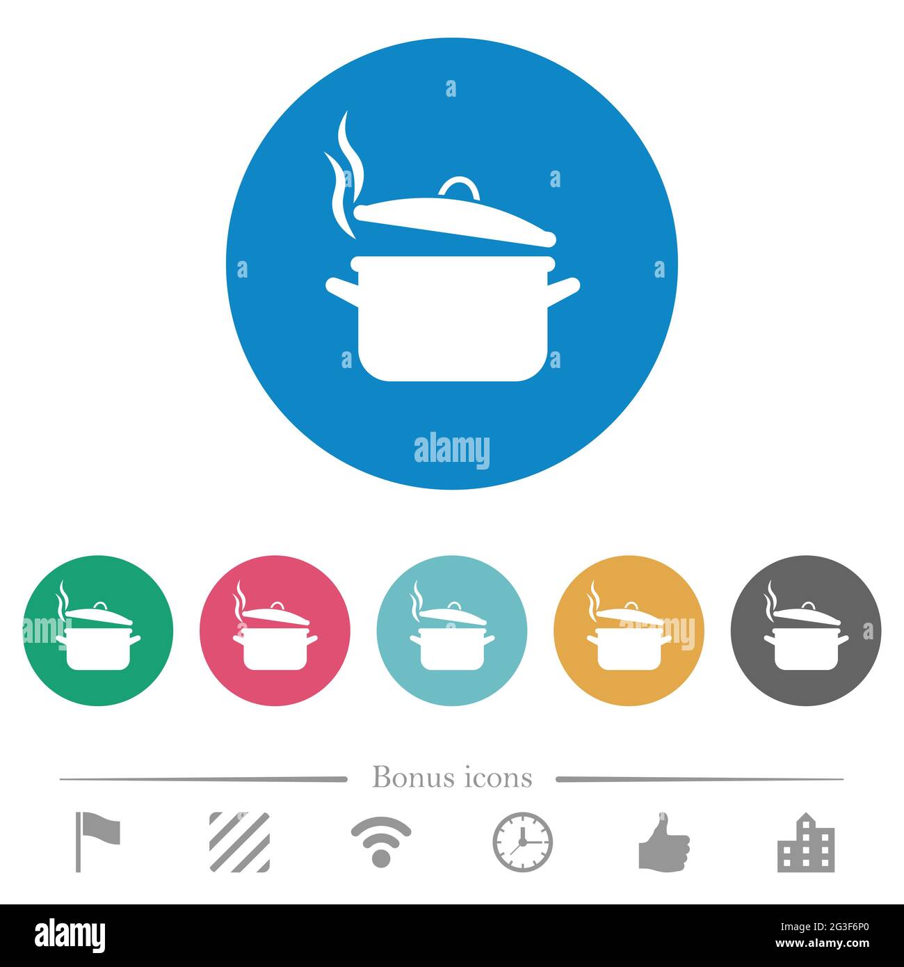 Steaming pot with lid flat white icons on round color backgrounds. 6 ...