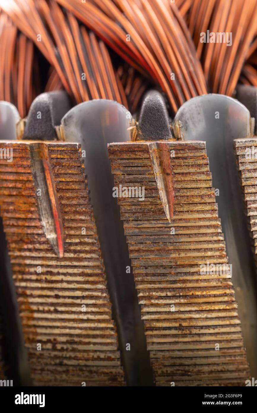 Rotor of an electric motor close up. Copper motor windings Stock Photo ...
