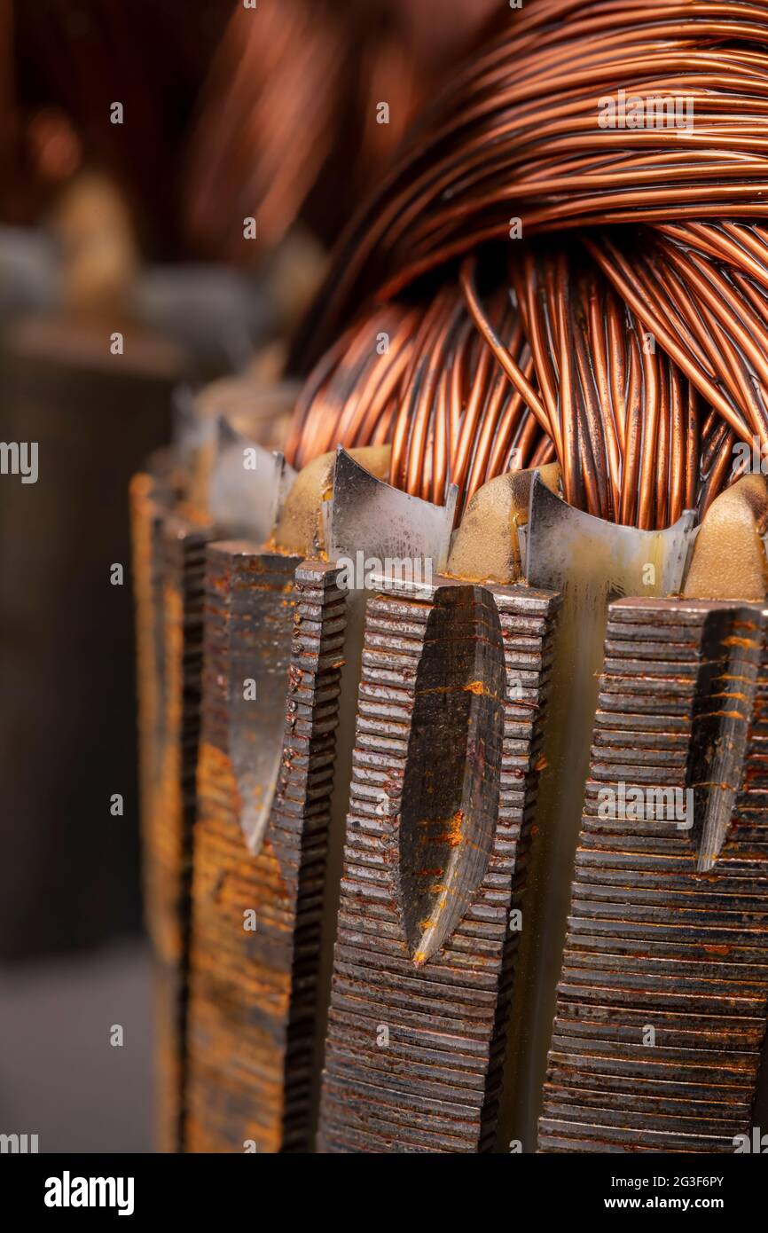 Rotor of an electric motor close up. Copper motor windings Stock Photo ...