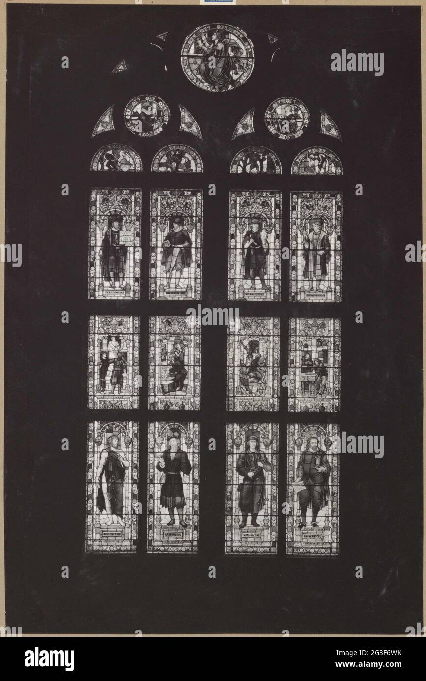 Stained glass windows with professions and representatives of sculpture ...