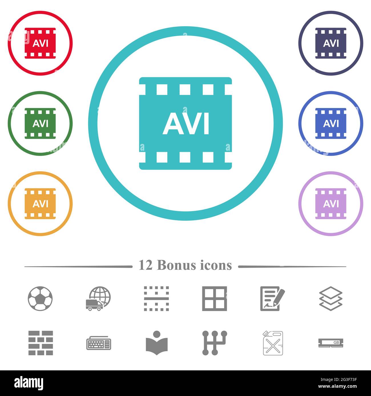 AVI movie format flat color icons in circle shape outlines. 12 bonus ...
