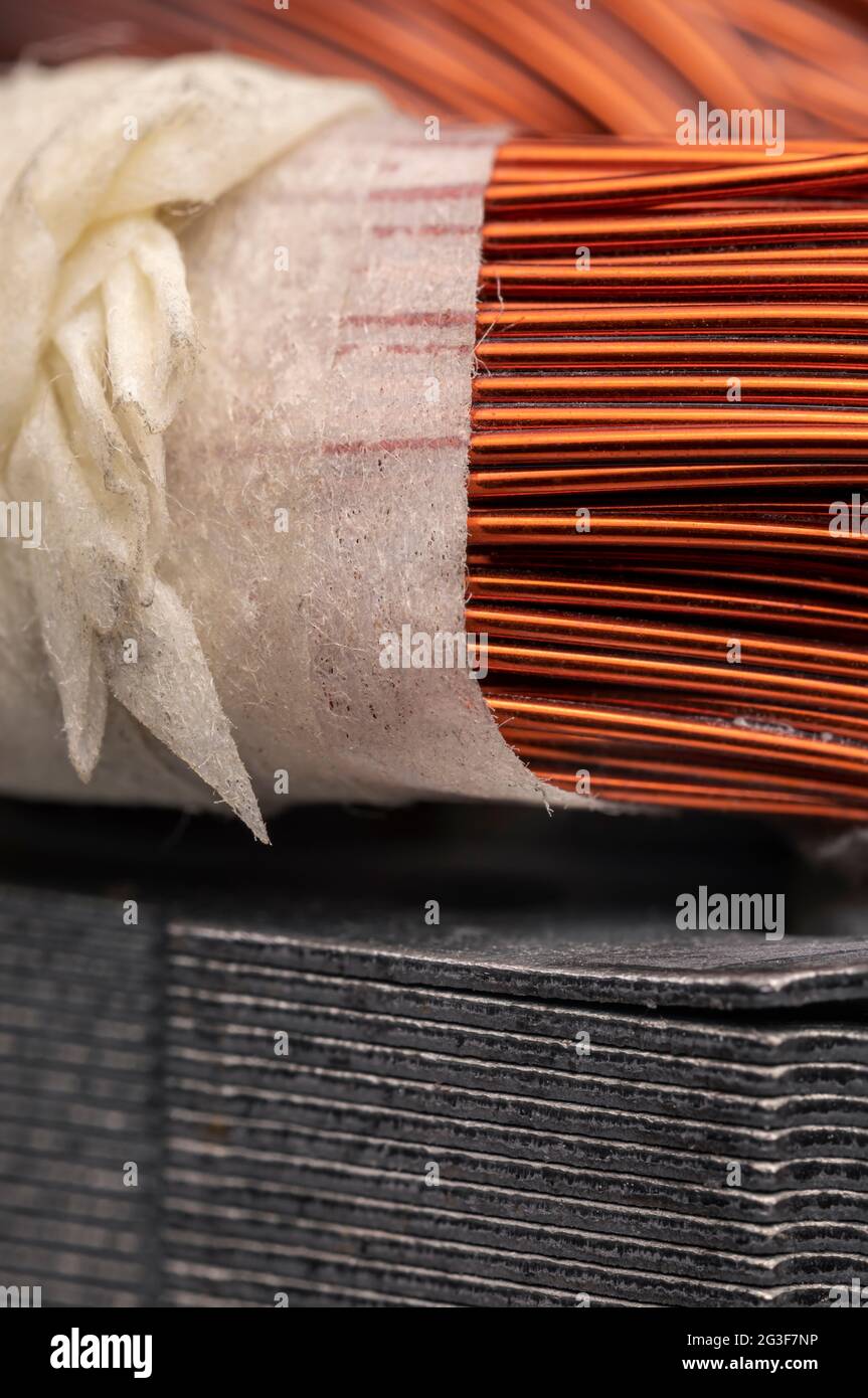 Stator of an electric motor. Close up of a winding of an electric motor ...