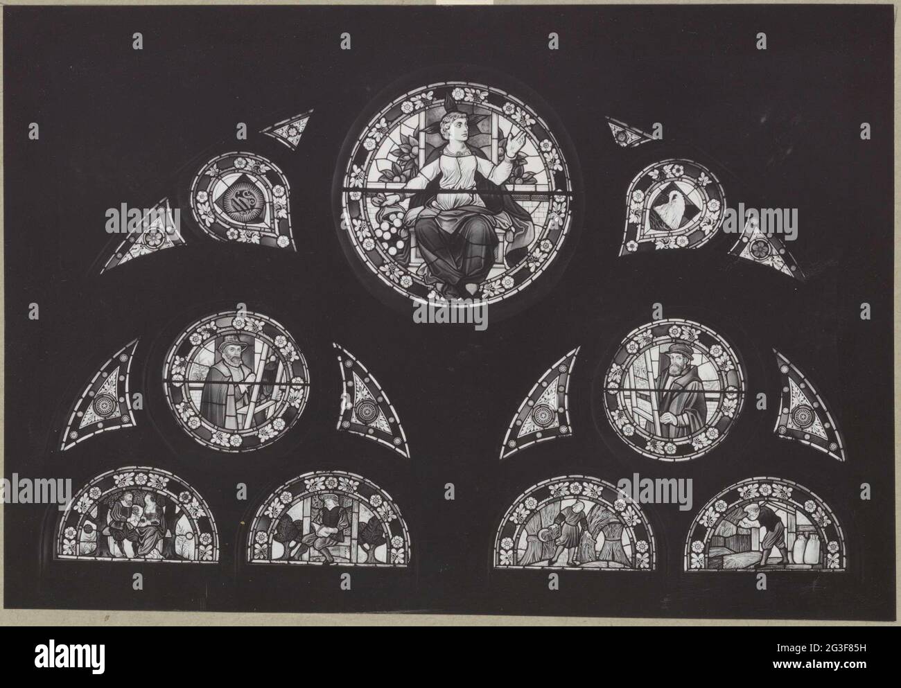 Stained glass windows, round, hemisphere and sail-shaped; Front hall ...