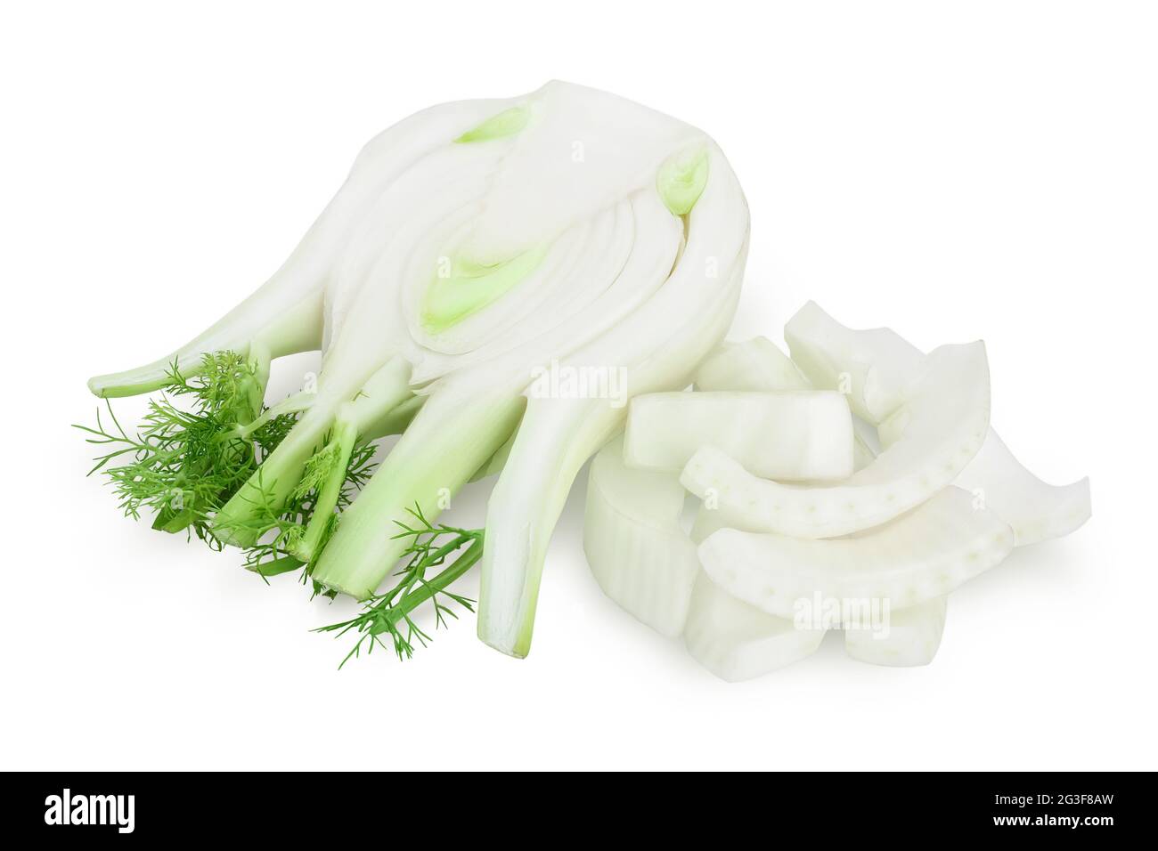 fresh fennel bulb half with slices isolated on white background with ...