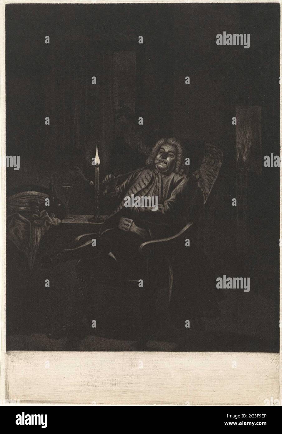 Piping man. In a room there is a man to smoke pipe by candlelight ...