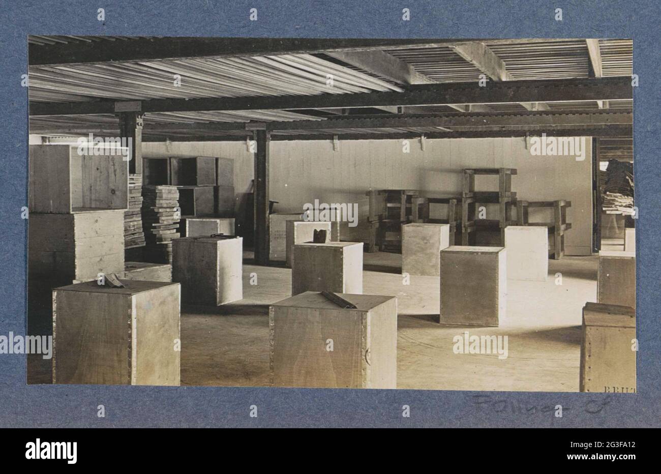 Barn with rubber in crates on Sumatra. Part of travel album with ...