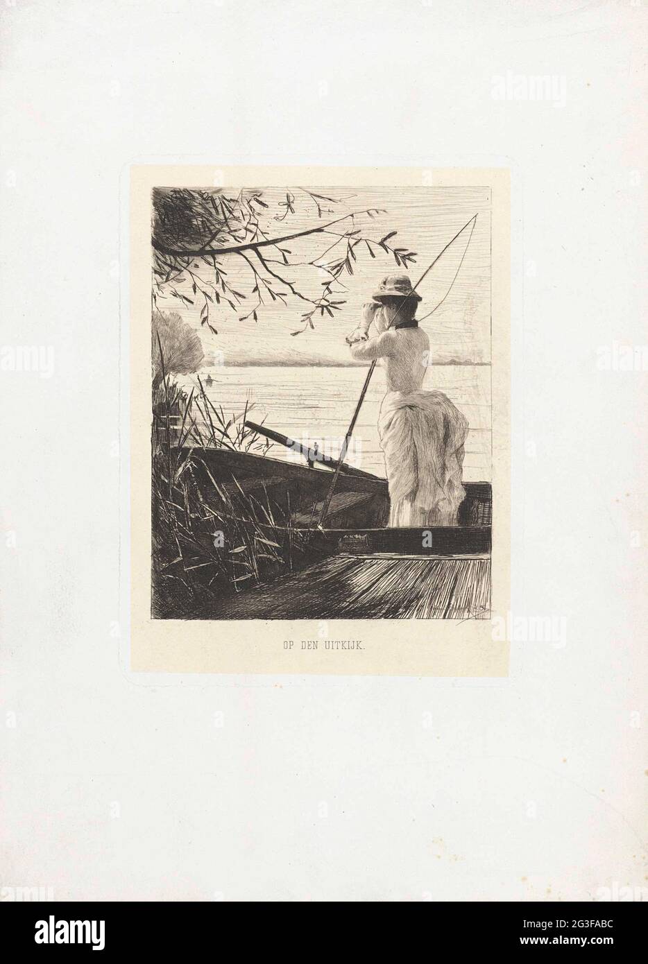 Woman on the lookout; On the lookout. A woman stands in a rowing boat ...