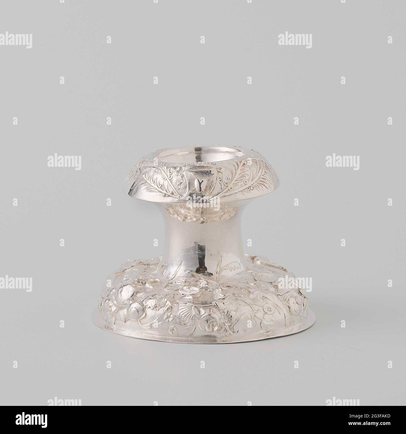 Salt barrel with driven fish, shells and marine animals. Silver pulley ...