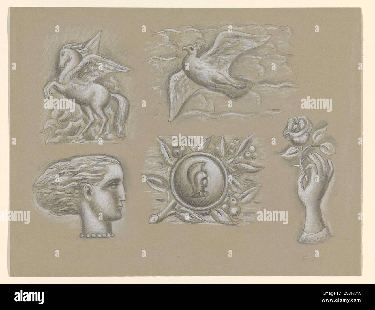 Designs for a watermark of a banknote: Pegasus, pigeon, woman's head ...