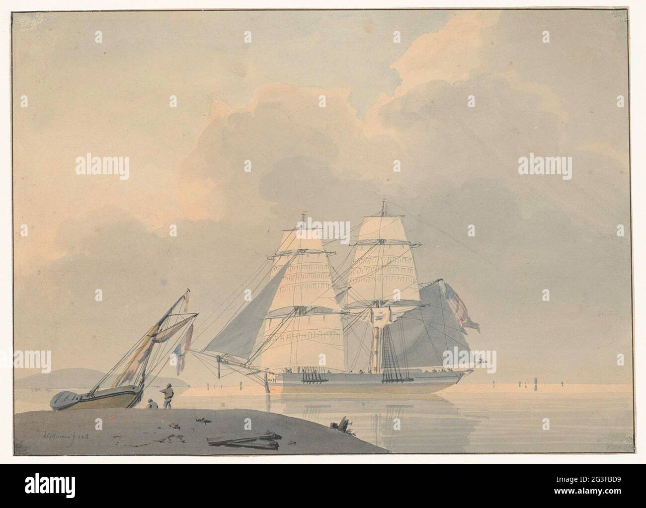 Sailing ship in silent water Stock Photo - Alamy
