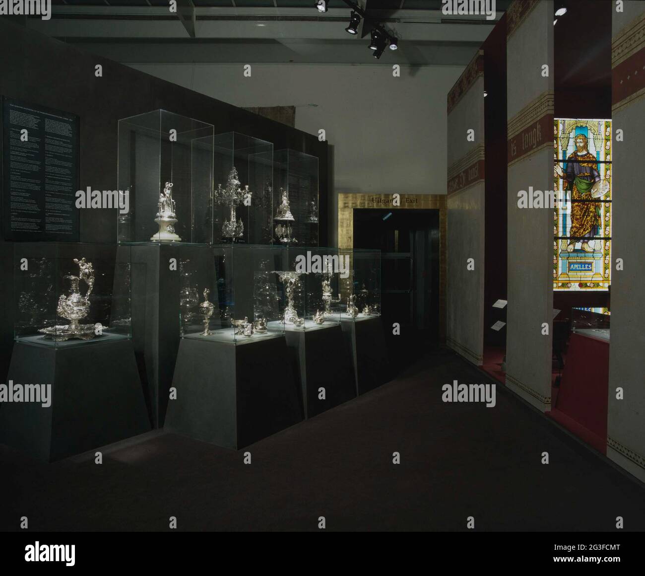 Room with different objects in showcases on blocks, right part of the ...