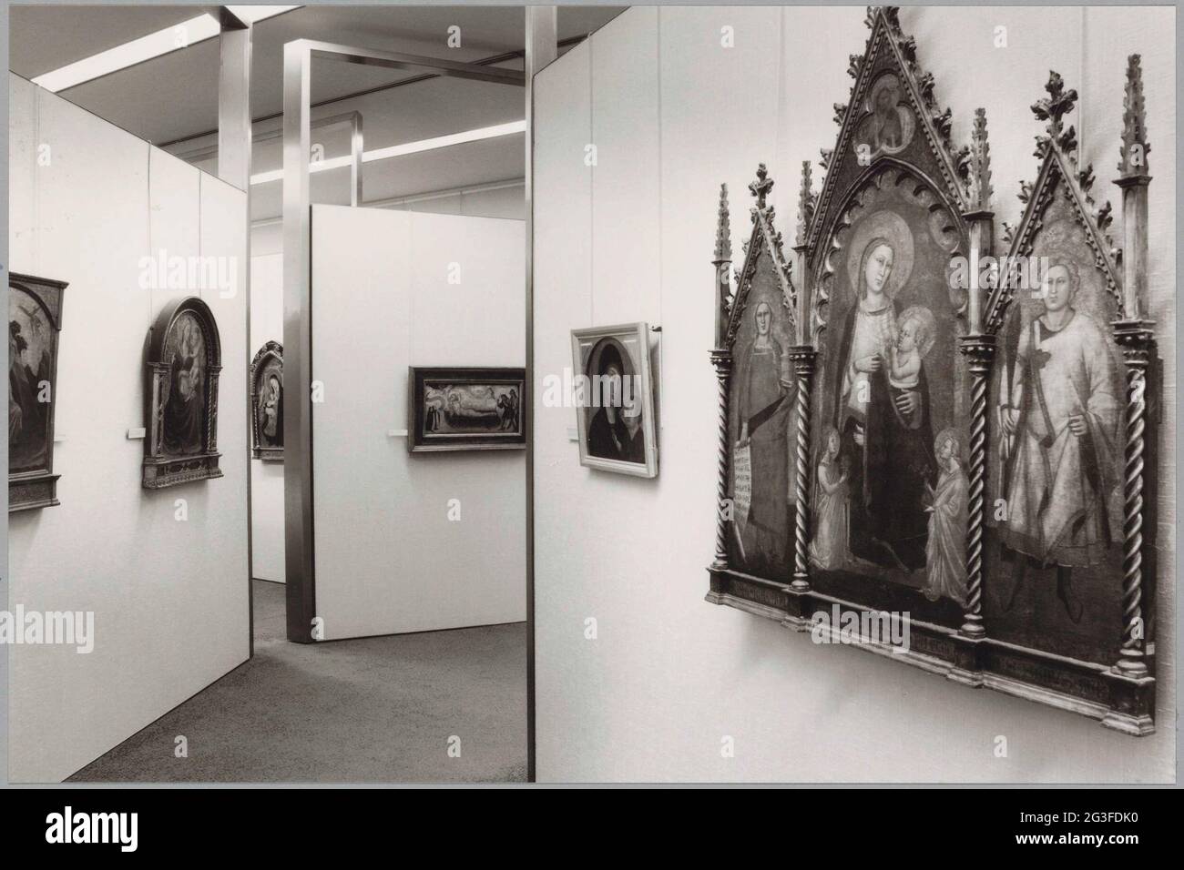 Sloping panels with paintings including a triptych; Refurbishment of permet. At the front right ...