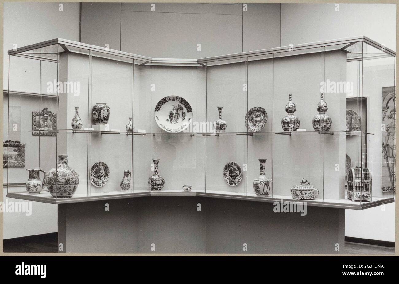 Showcases with objects of ceramics; Halls of crafts 1962. Room 255 is ...