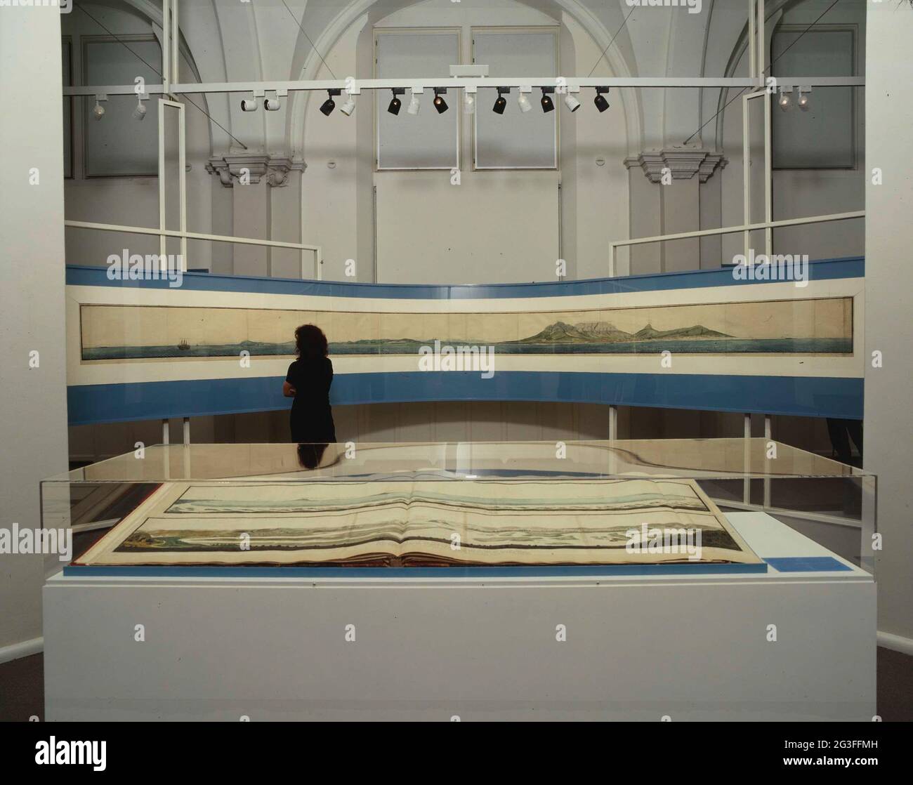 Room with two drawings of panoramic landscapes; Exhibition South Africa ...