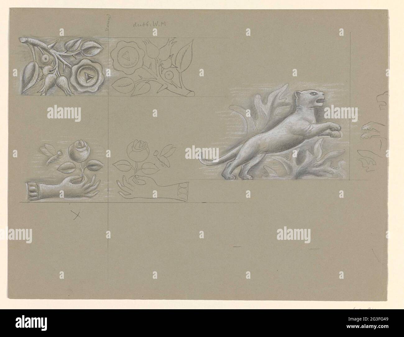 Designs for a watermark of a banknote: hand with rose, rose, panther ...
