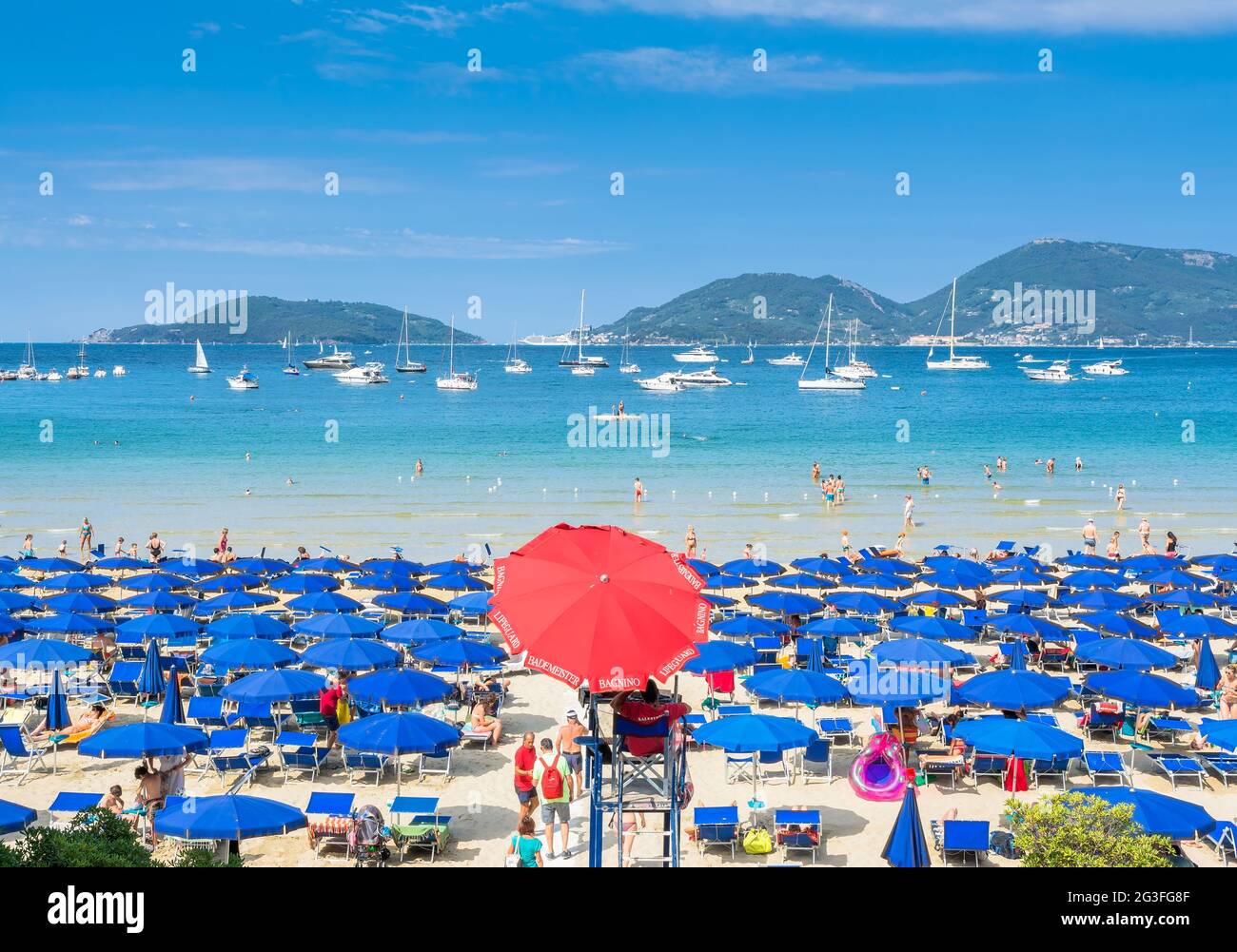 Lerici, Italy - June 18, 2017: locals and tourists enjoy beach and town ...