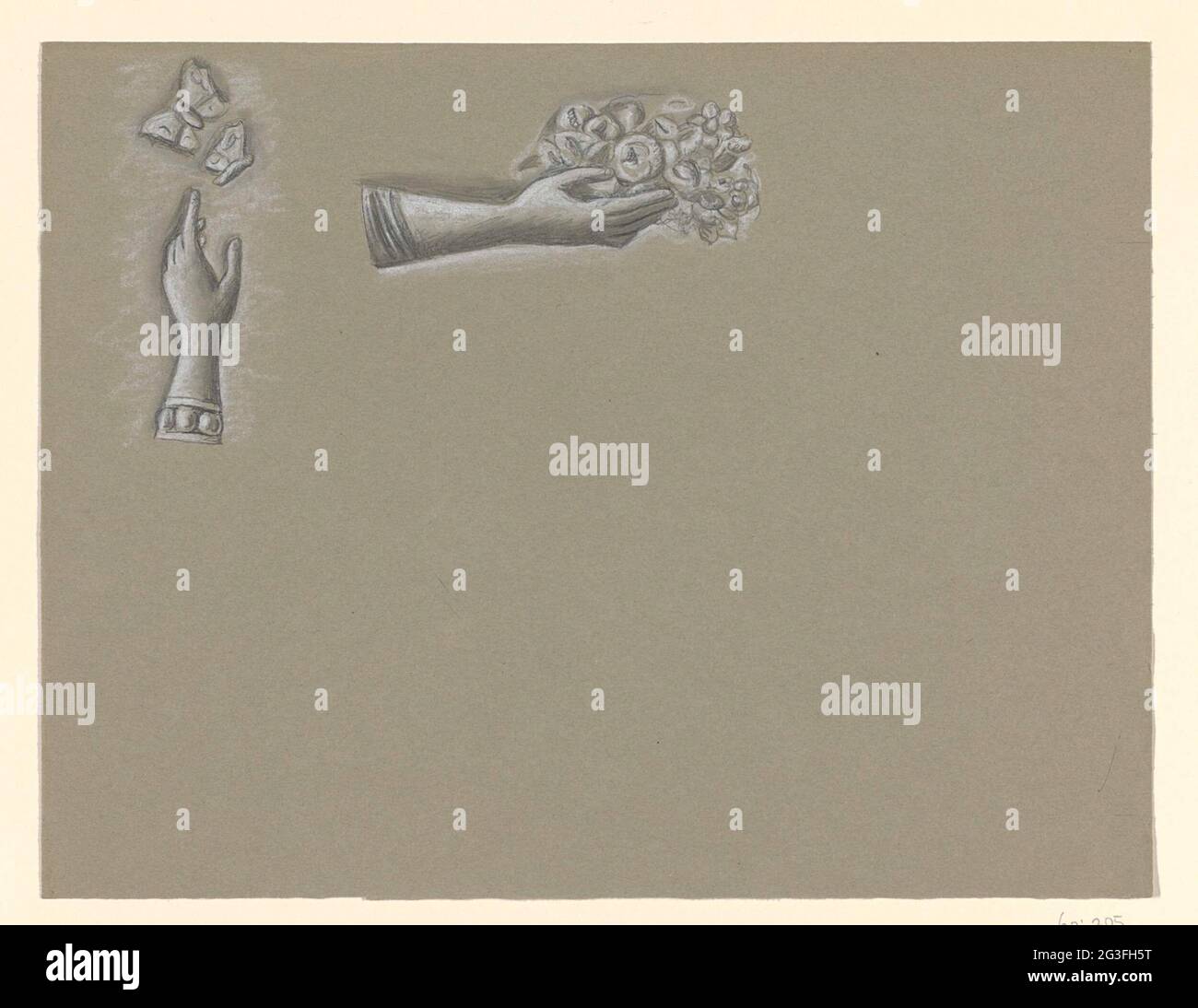 Design for watermark of banknote: a hand with flowers, a hand with ...