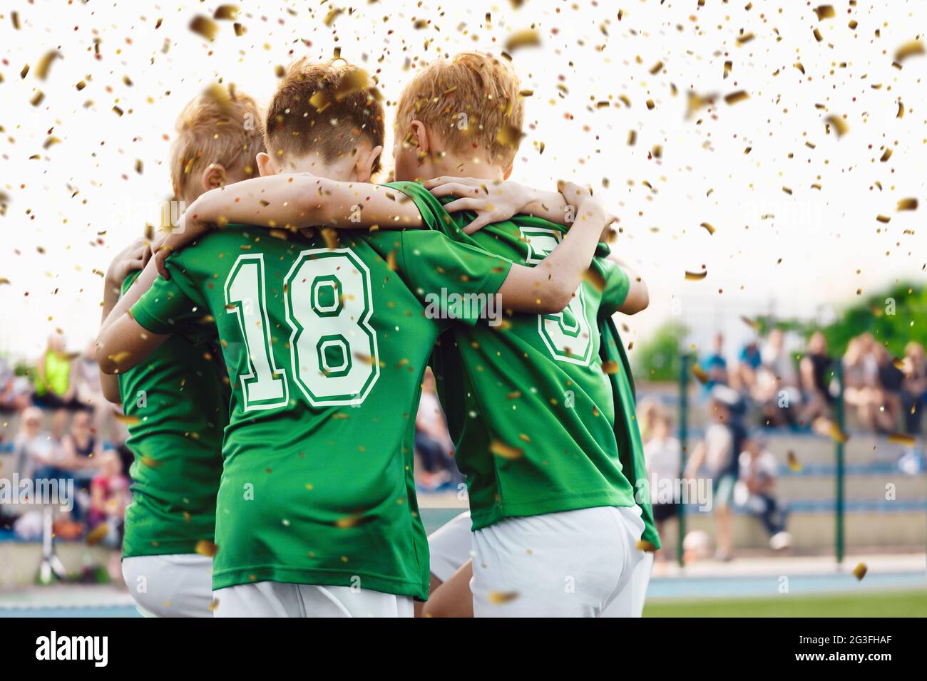 Group of Happy Kids Celebrating Sports Success. Children Huddling in Football Team. Happy Sports ...