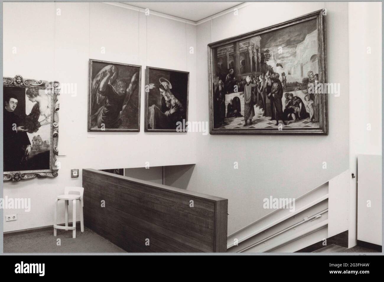 Corner of a room with handrail and four paintings; Refurbishment of permet Stock Photo - Alamy