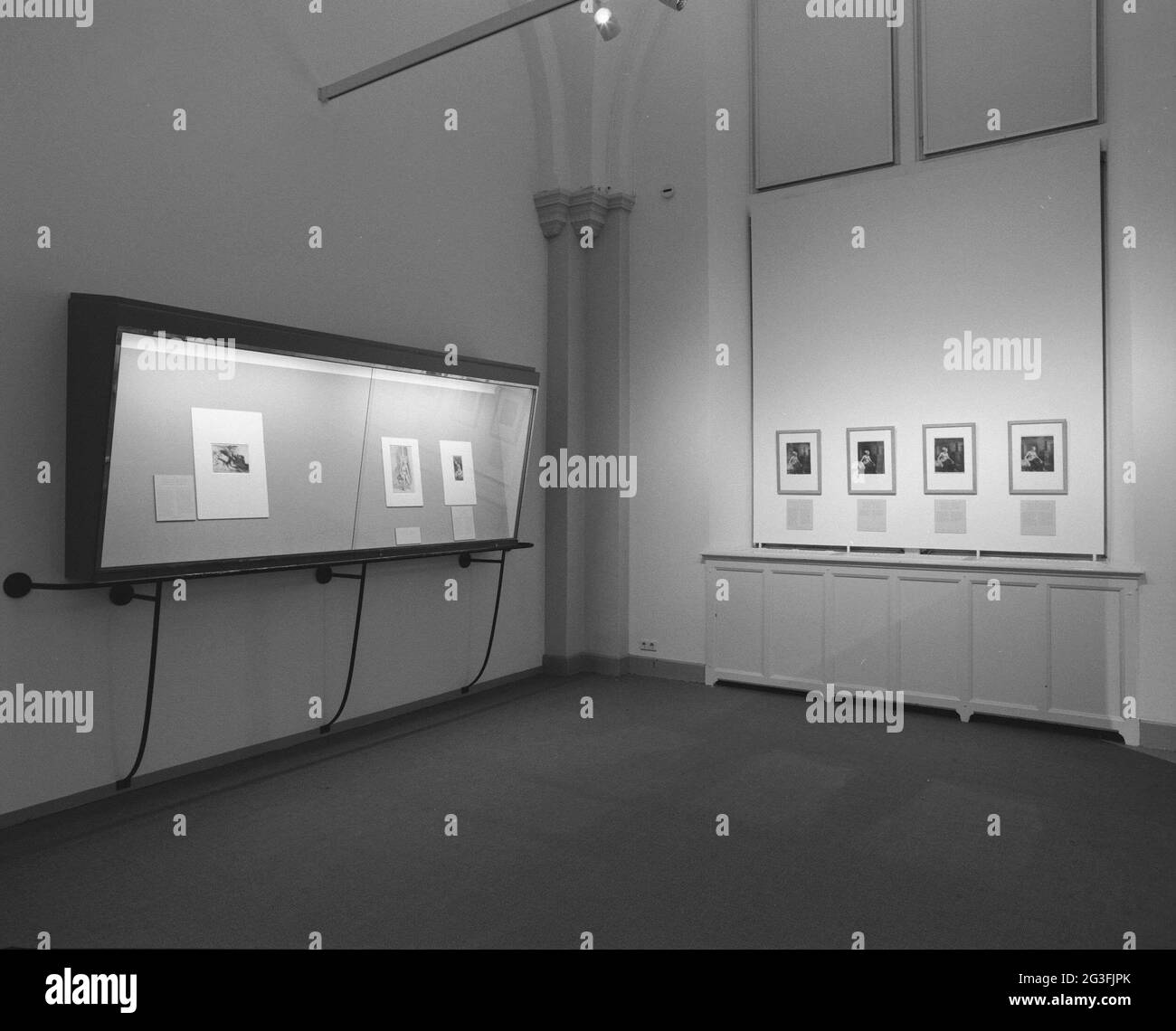 Wall vitrain and panel with prints; Rembrandt exhibition in all states ...