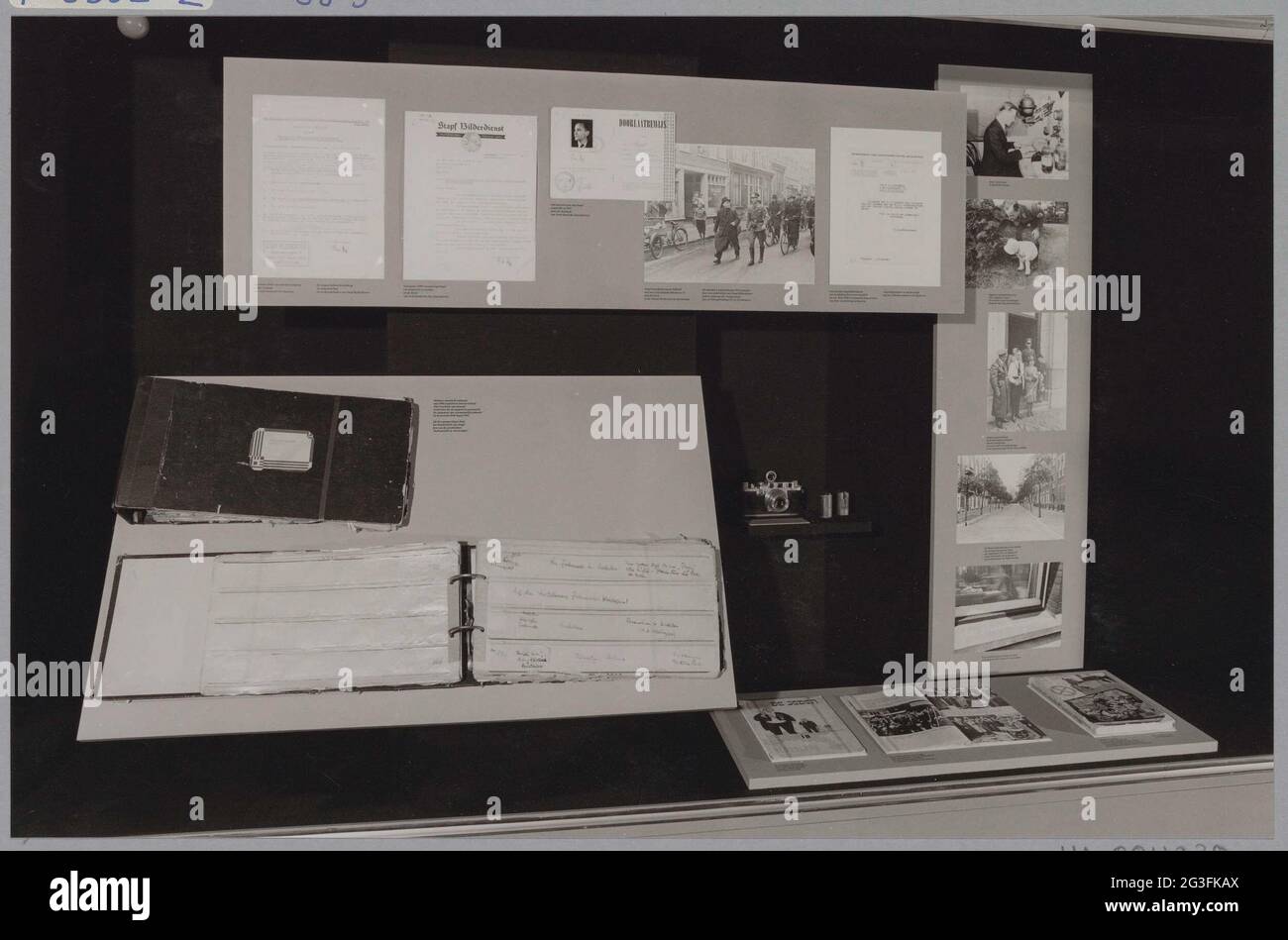 Showcase with photos and documents; Exhibition in the historical ...