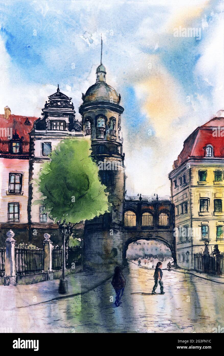 Hand drawn urban landscape. Illustration of european city and old ...