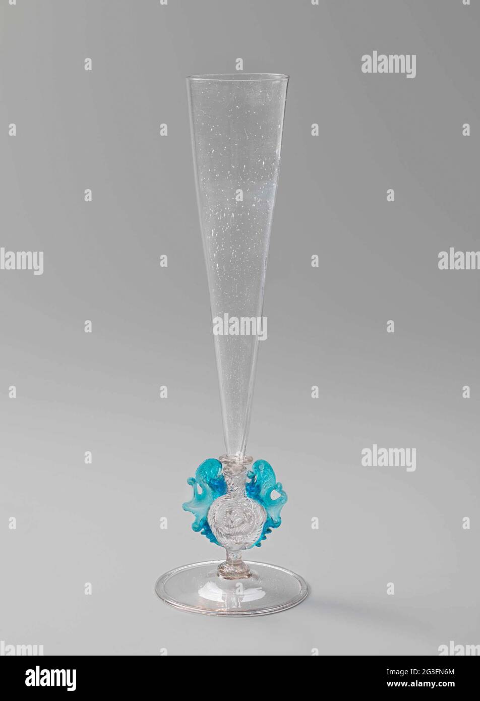 Flute glass with blue wings. Flute glass on flat foot with beaten edge ...