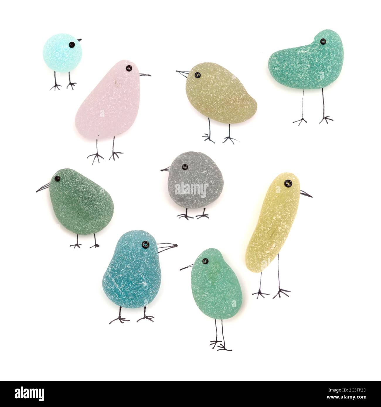 funny little birds made of a piece of seaglass, with sketchily drawn ...