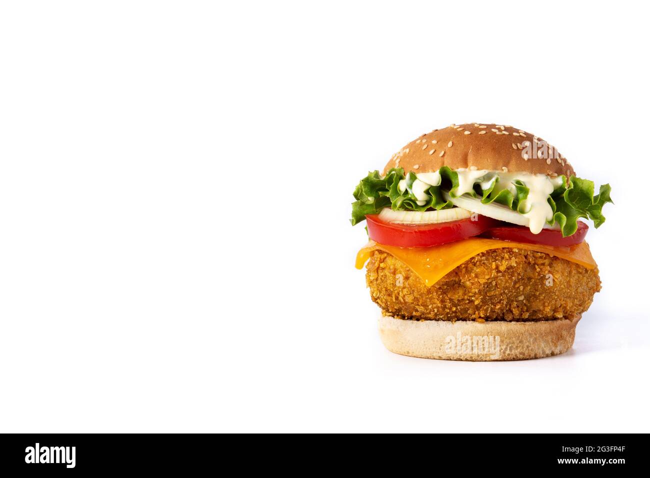Crispy chicken burger with cheese on white background Stock Photo - Alamy