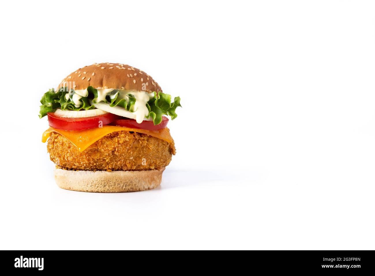 Crispy chicken burger with cheese on white background Stock Photo - Alamy