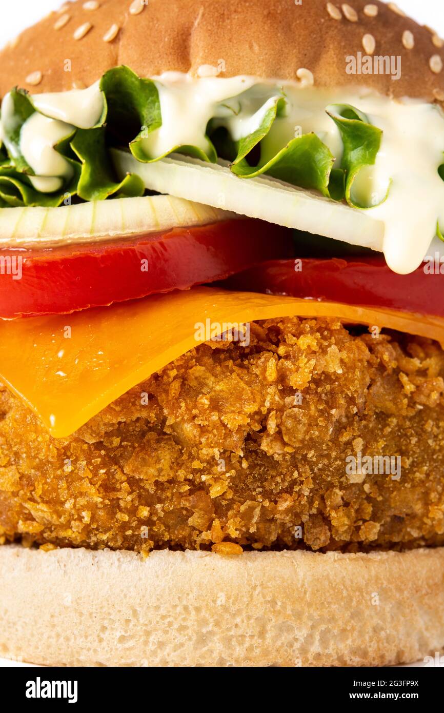 Crispy chicken burger with cheese on white background Stock Photo - Alamy