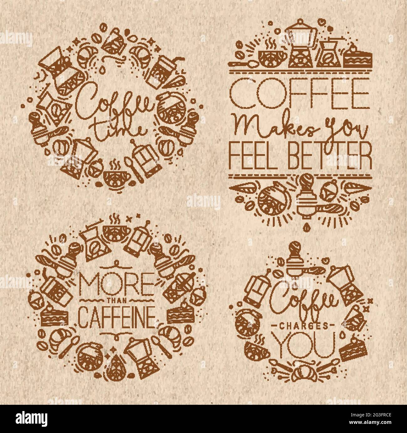 Coffee icon monograms in old flat style, drawing with brown lines on ...
