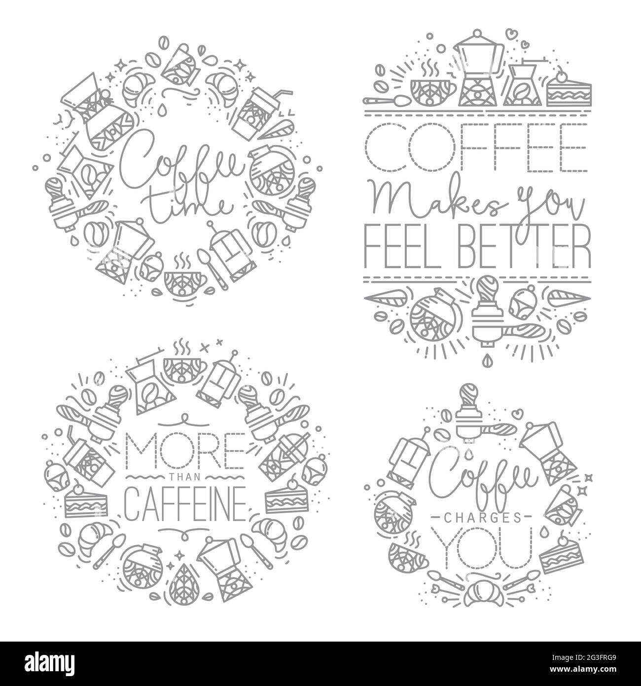 Coffee icon monograms in flat style, drawing with grey lines on white ...