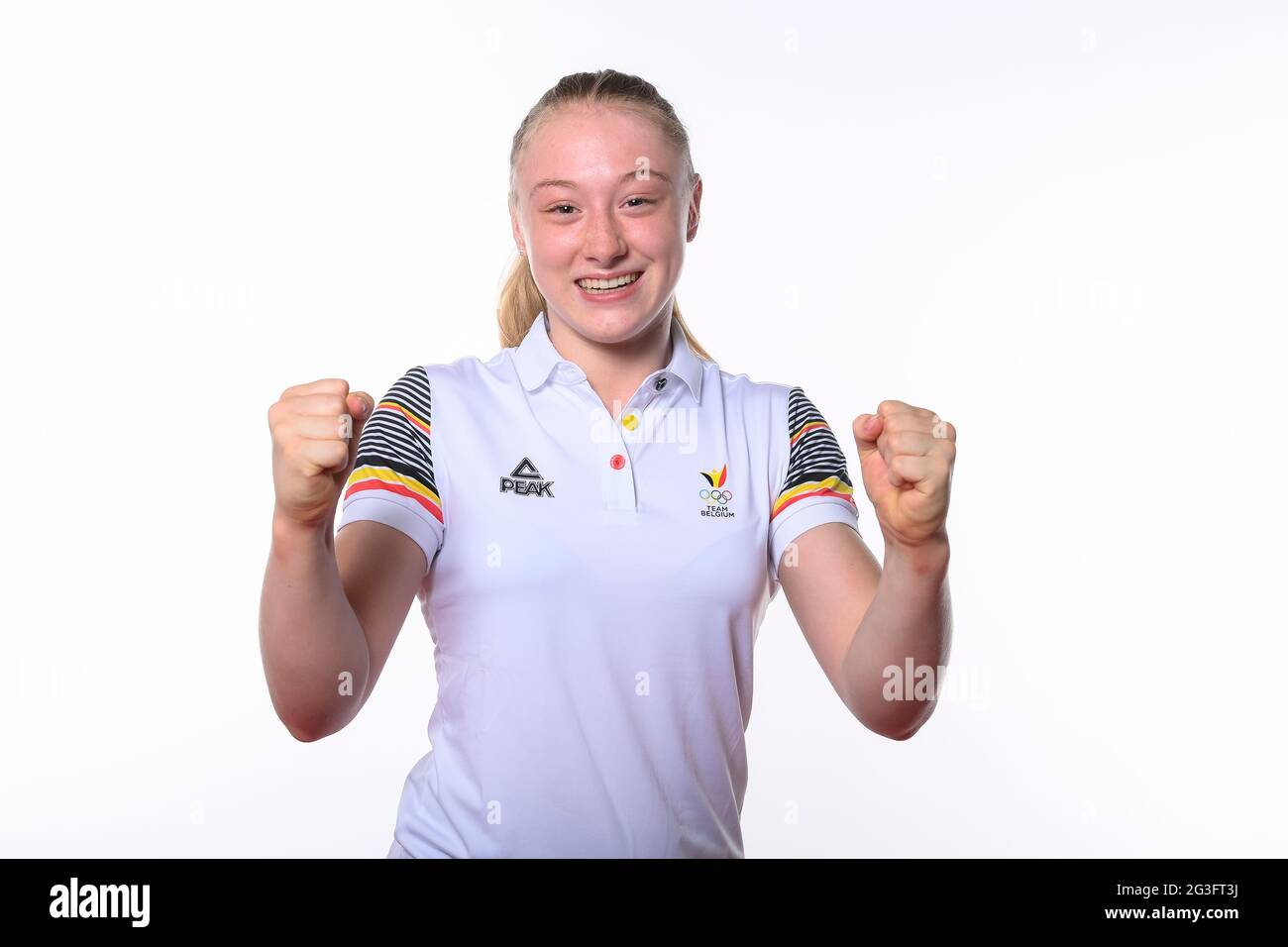 Belgian gymnast Lisa Vaelen poses for the photographer at a photoshoot ...