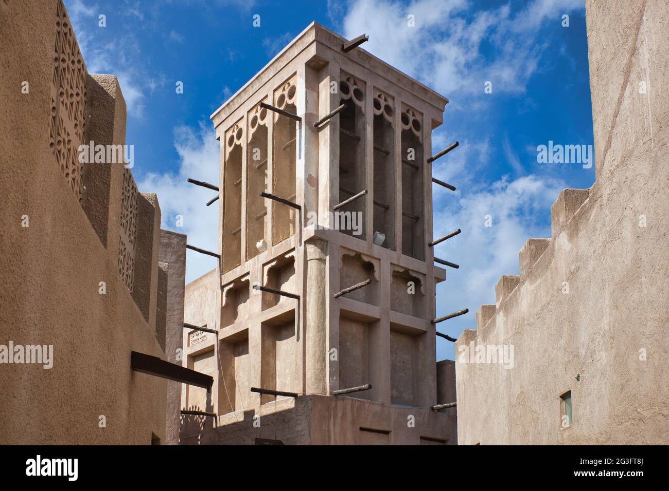 Looking up at a traditional ventilation wind tower for keeping a house ...