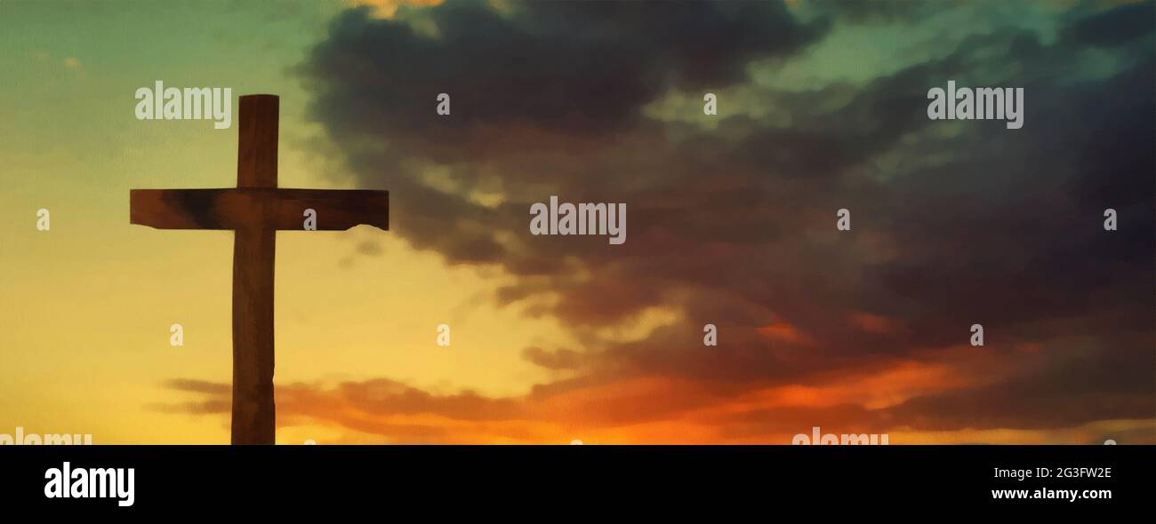 Wooden cross on a sunset background. Wide panoramic view. Artistic work ...