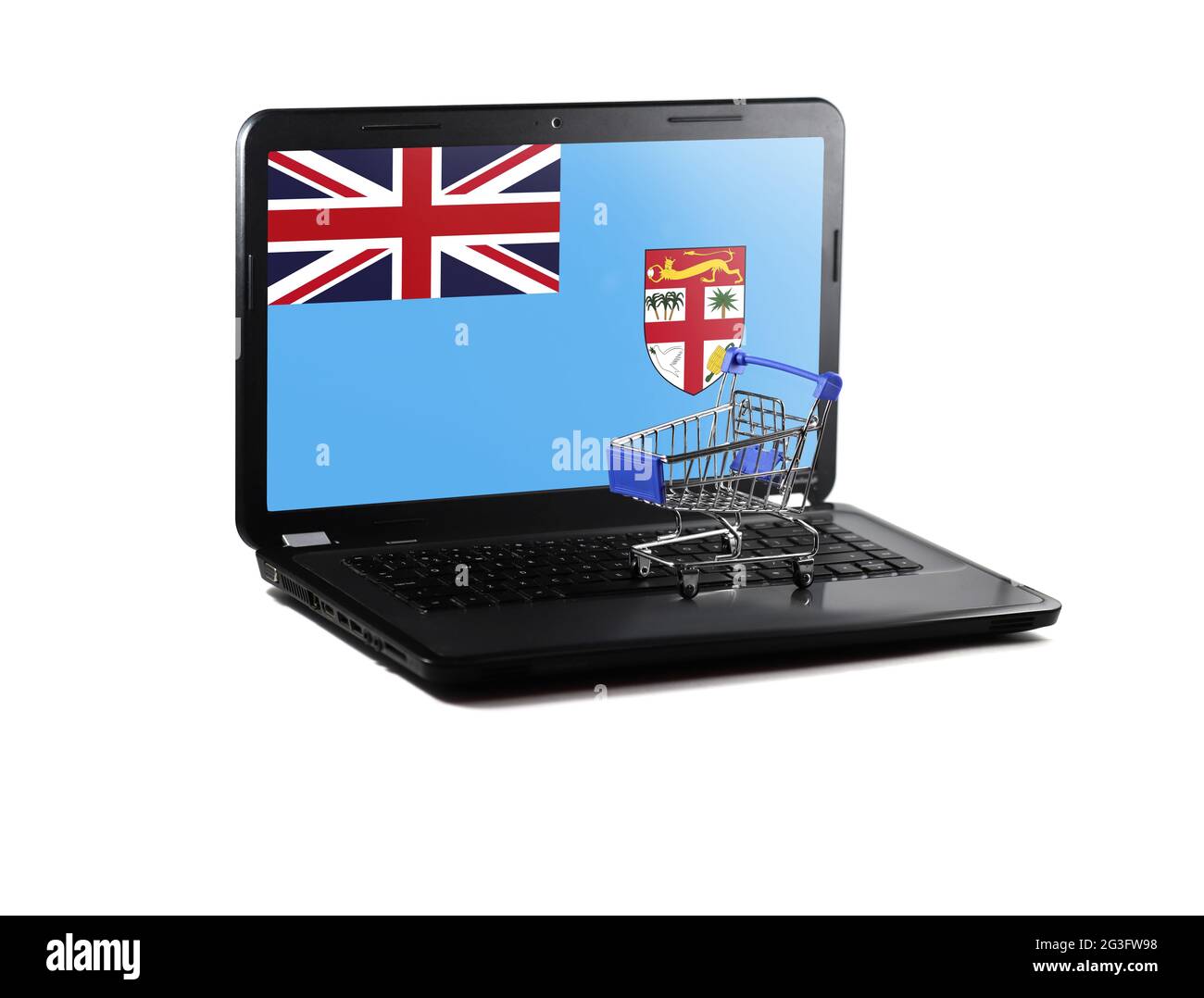 Isolated on white background laptop with Fiji flag on display, online ...