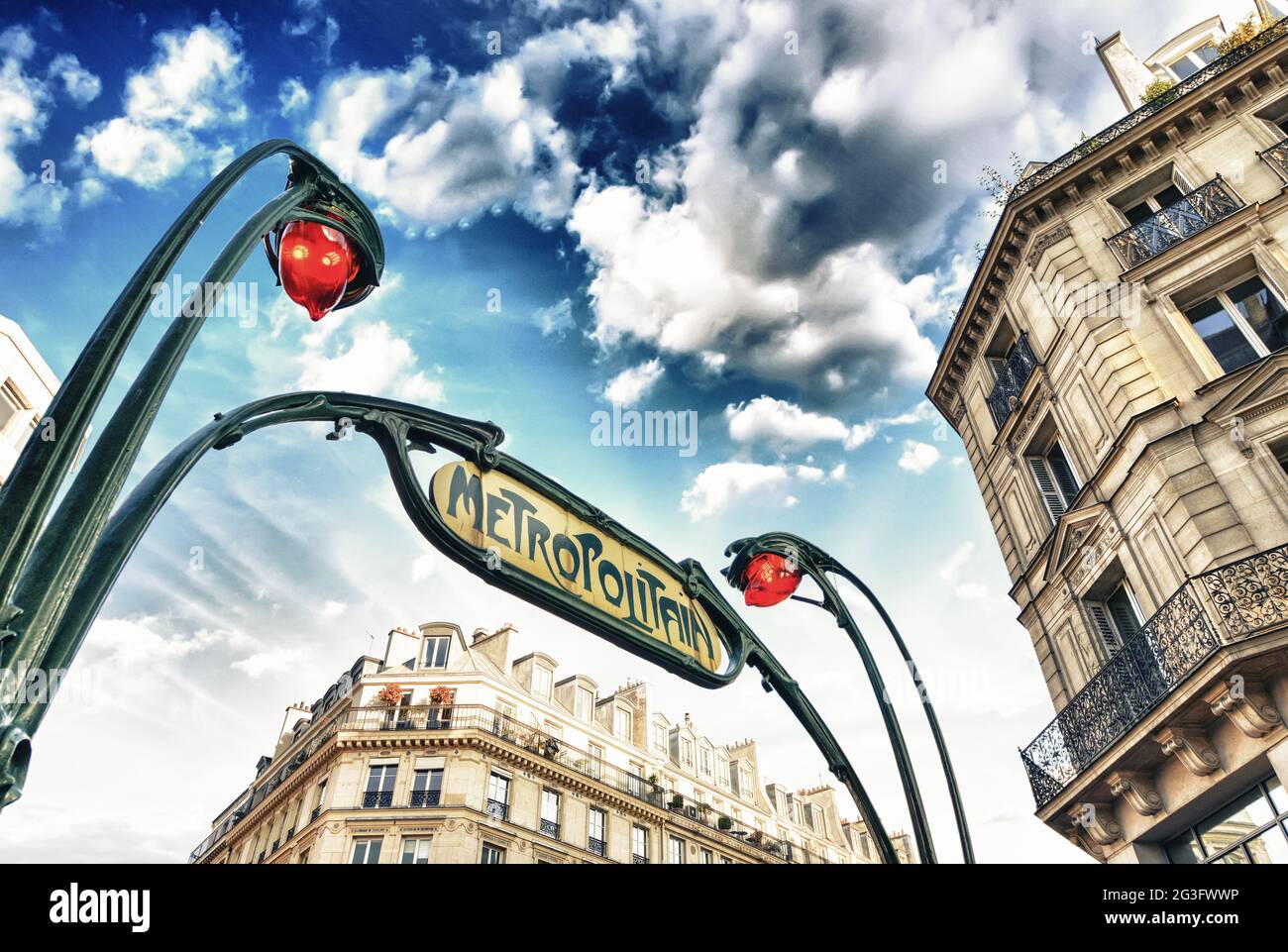 Paris. Underground Metro sign with buildings and sunset colors Stock ...