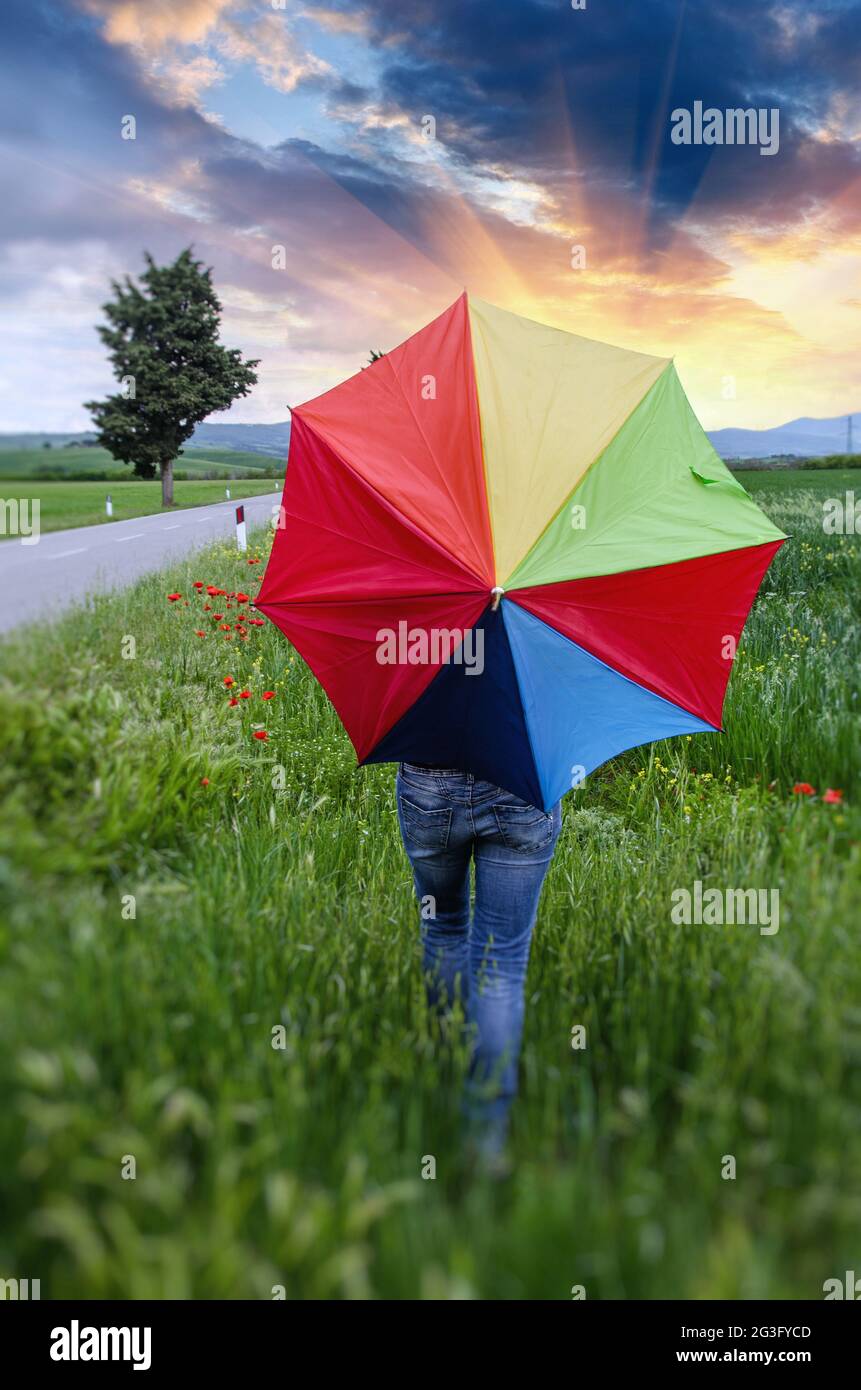 Colorful umbrella over a Green Field Stock Photo - Alamy