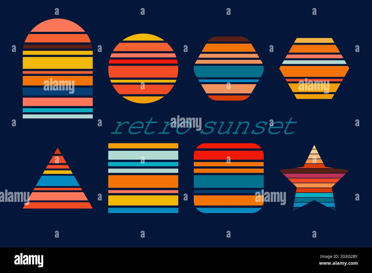 Retro sunset. Vintage sun collection in the style of the 70s Stock ...