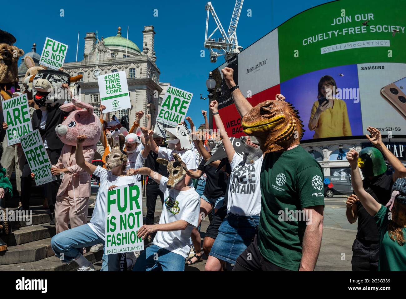 London, UK. 16 June 2021. People wearing animal costumes at an anti ...