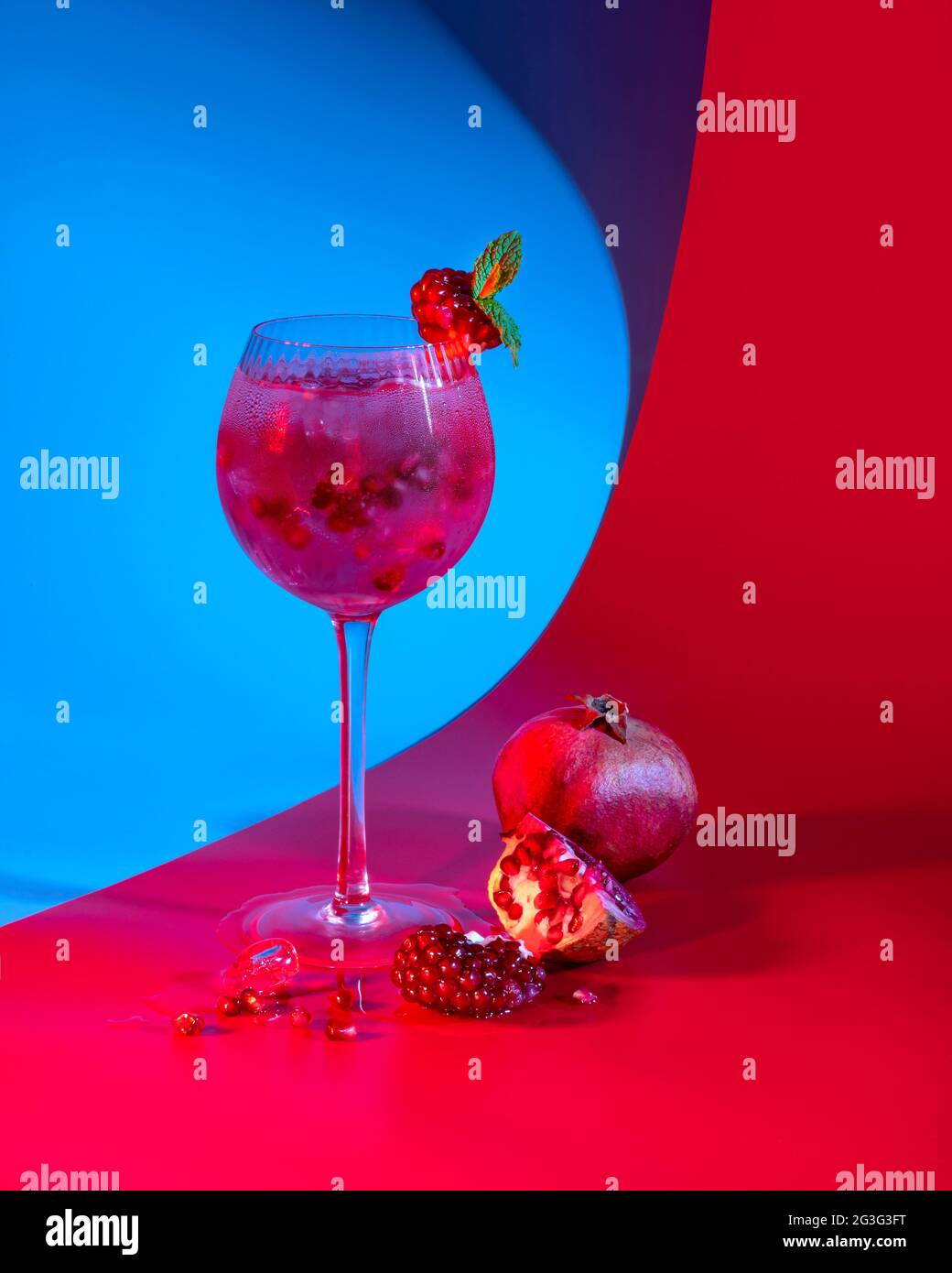 Gin and tonic pomegranate cocktail with ice cubes and mint leaves on ...