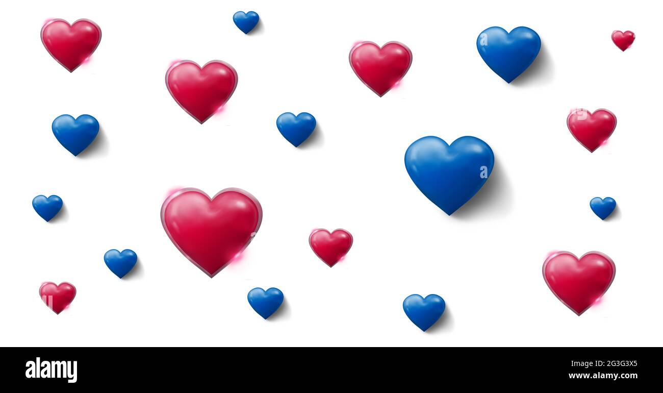 Composition of 3d blue and red hearts floating on white background ...