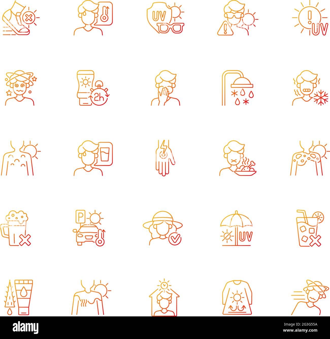 Sunburn and sunstroke prevention gradient linear vector icons set Stock ...