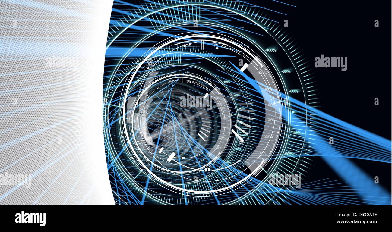 Round scanner over blue digital trails against white technology ... Round scanner over blue digital trails against white technology ...