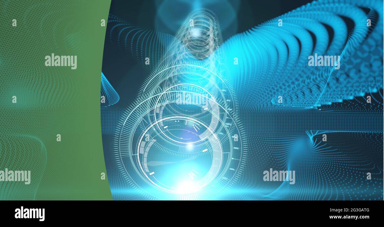 Round scanner over blue digital wave against green technology ...