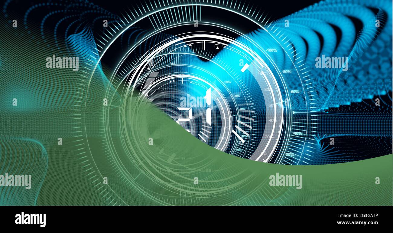 Round scanner over blue digital wave against green technology ...