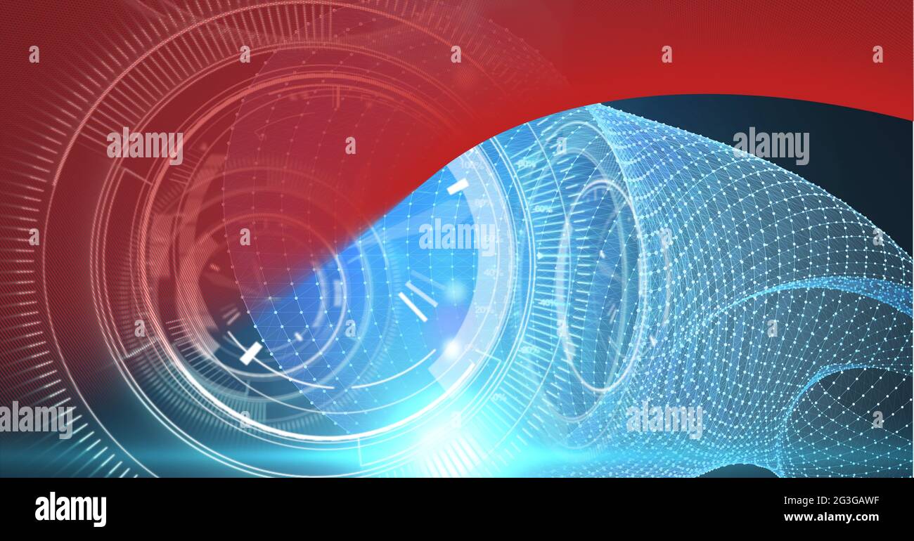 Round scanner over blue digital wave against red technology background ...